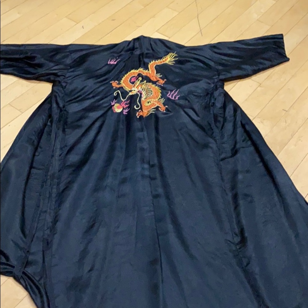 Black Satin Embroidered Chinese Dragon Robe S-M - Gem